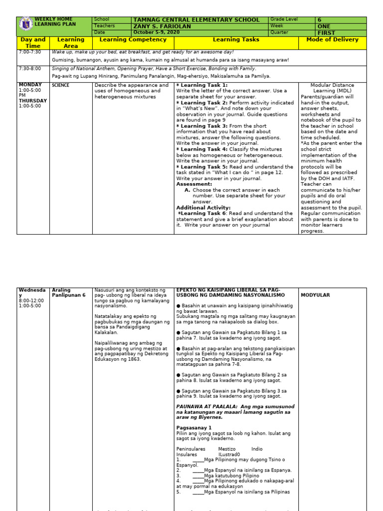WHLP Grade 6 Q1 Week 1 Sci 6 Apan 6 Music 6 | PDF | Learning