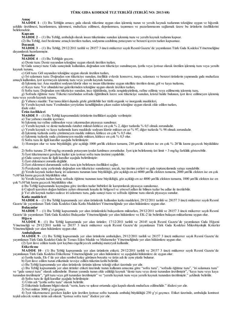 Türk Gida Kodeksi̇ Tuz Tebli̇ği̇ | PDF