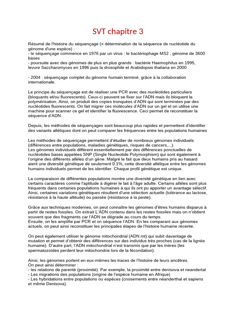 Fiche Révision SVT Chapitre 3 | PDF