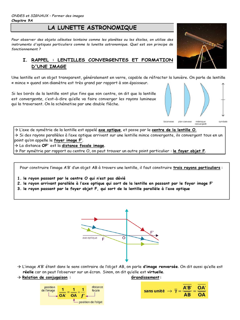 Chapitre 9A La lunette astronomique complété | PDF