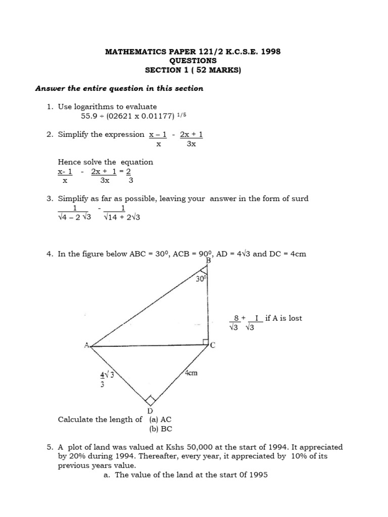 Kcse 1998 Mathematics Paper - 2 | PDF