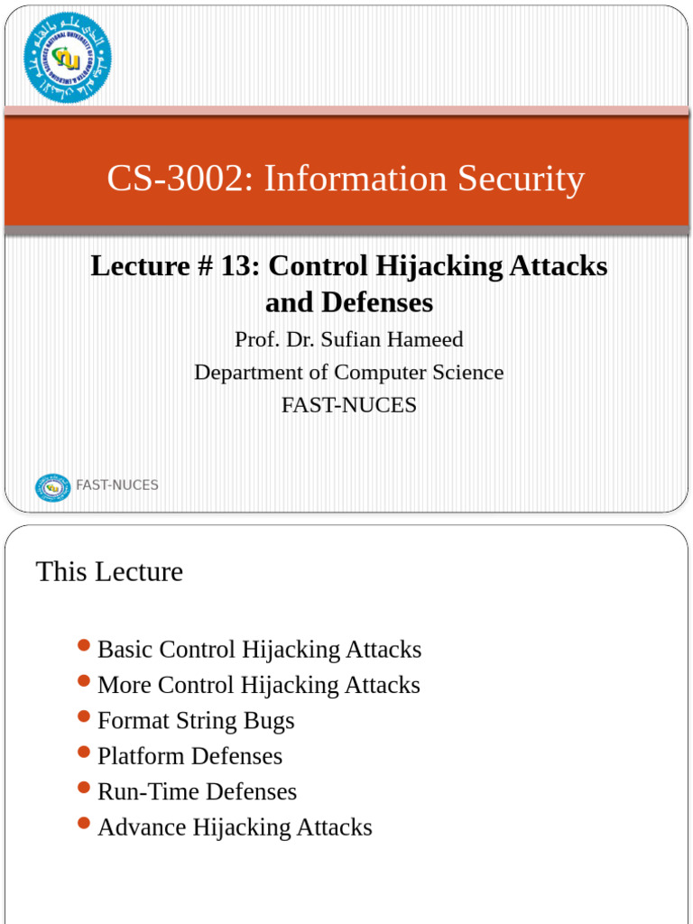 Lecture 13 Control Hijacking Attacks and Defense | PDF