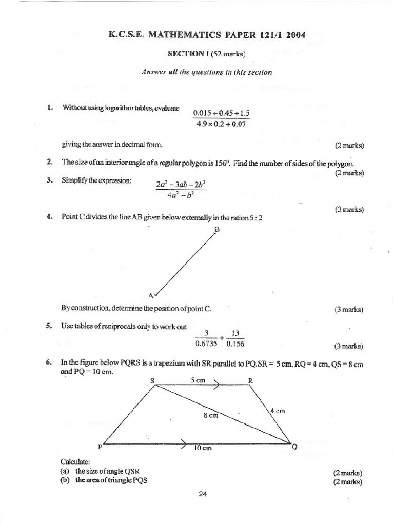 Kcse 2004 Mathematics Paper 1 | PDF