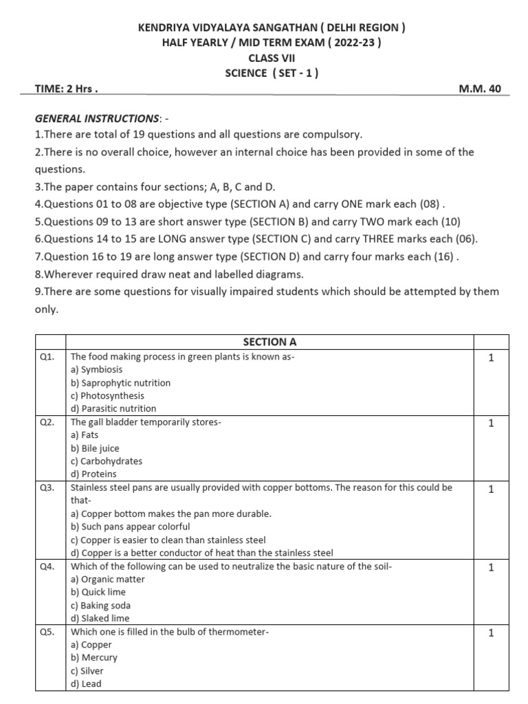 Question Paper Class 7 Science Set 1 | PDF