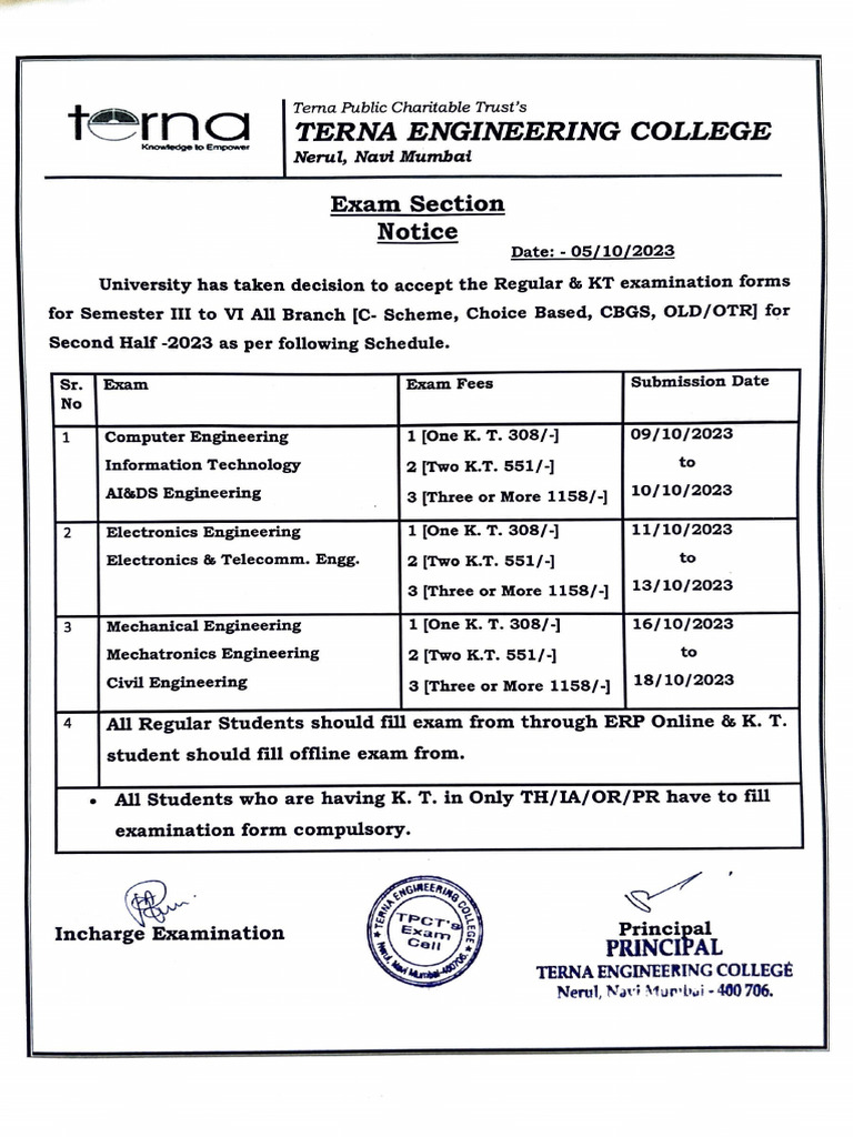 Reguler KT Examination Forms For SEM III To VI All Branch C Scheme ...