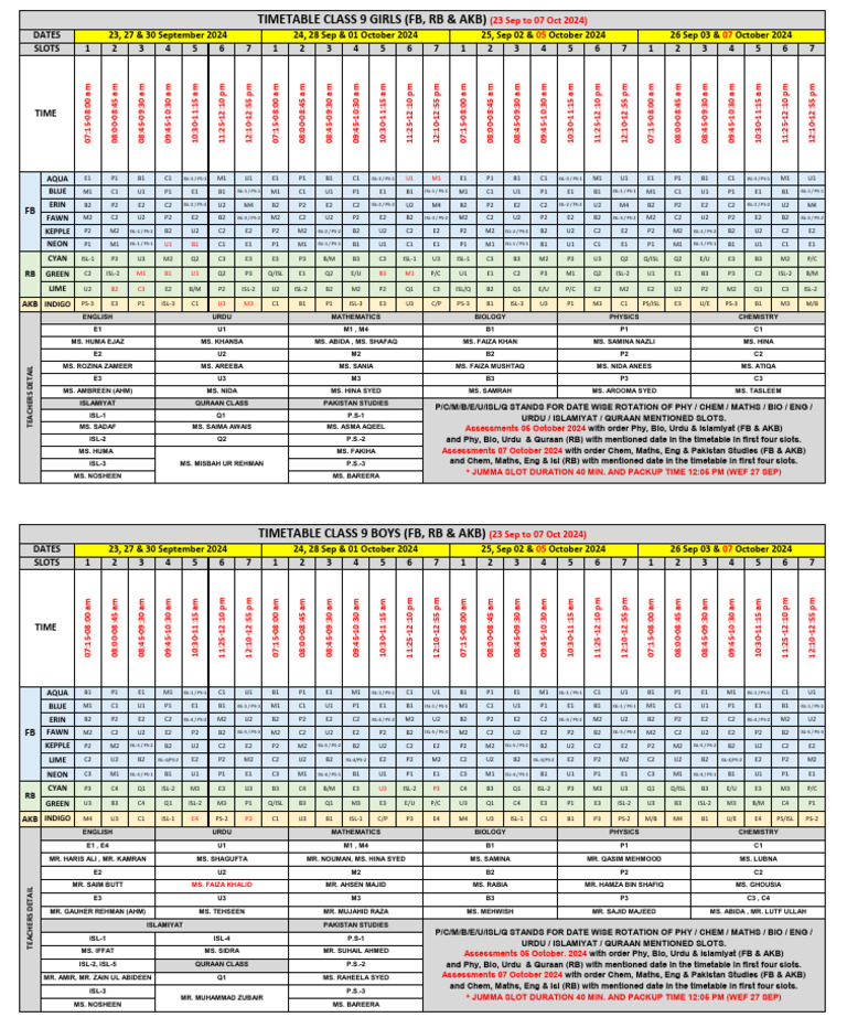 Time Table Class 9 (23 Sep To 07 Oct 2024) UPDATED | PDF