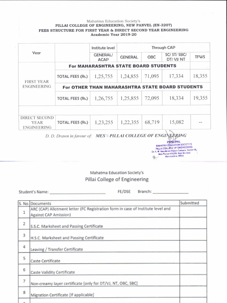 FE DSE Fee Structure 2019 20 | PDF