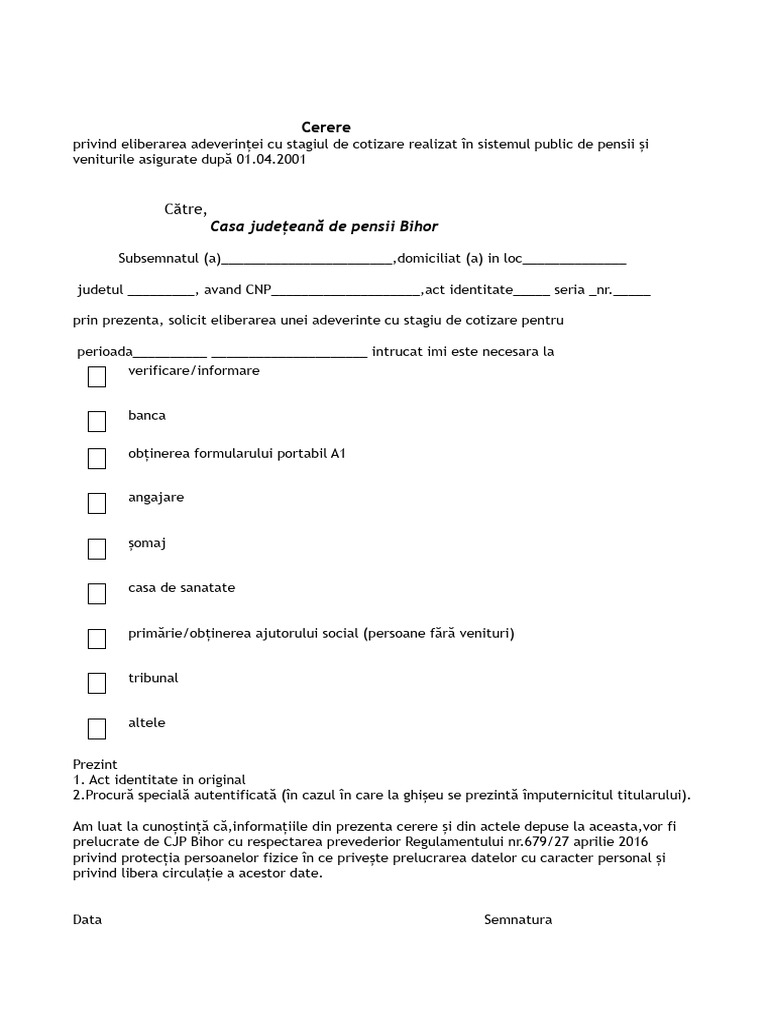 Cerere Solicitare Adev Stagiu de Cotizare | PDF