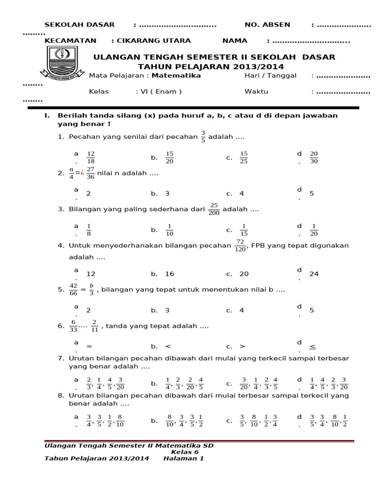 Matematika Kelas 6 UTS 2 TH 13-14 | PDF