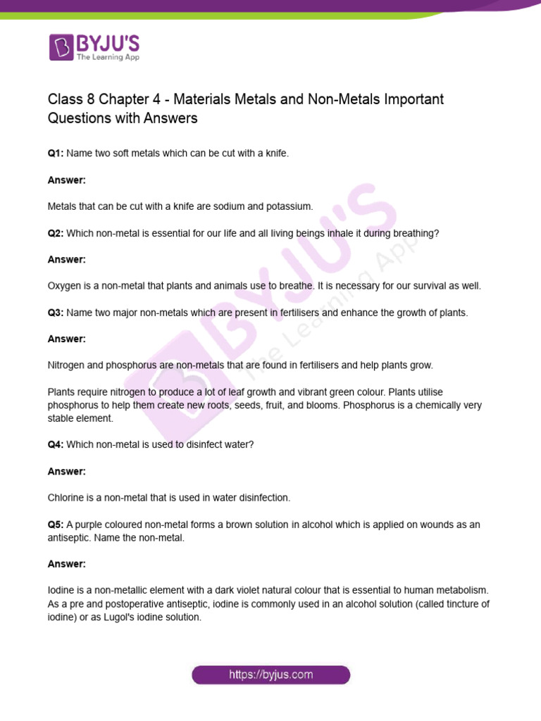 Class 8 Chemistry Chapter 4 Materials Metals and Non Metals Important Questions With Answers | PDF