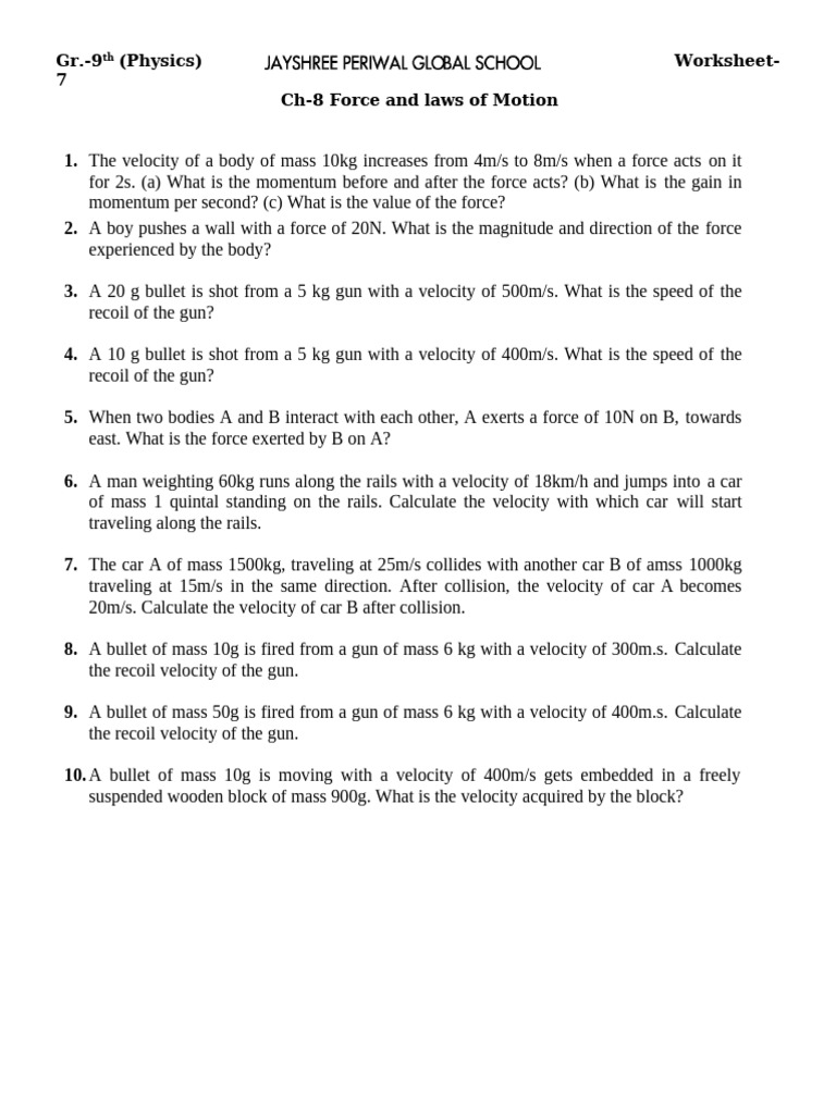 Work Sheet - 7 - (CH 9 - Force and Laws of Motion - 9 Cbse) | PDF