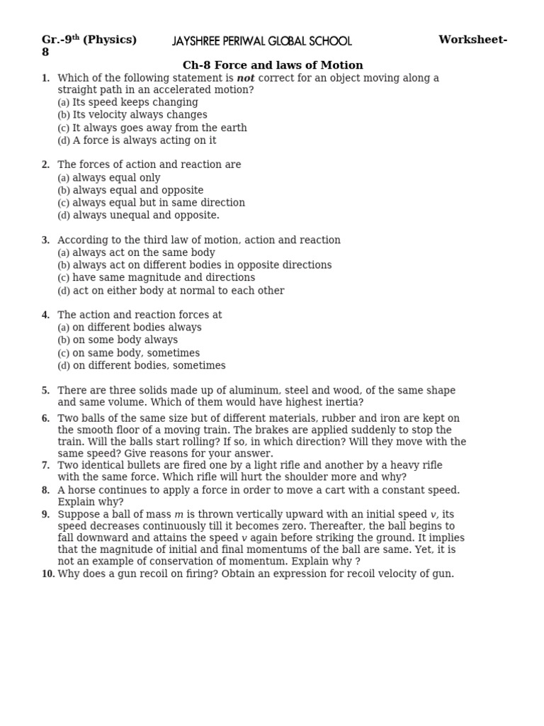 Work Sheet - 8 - (CH 9 - Force and Laws of Motion - 9 Cbse) | PDF | Teaching Methods & Materials ...