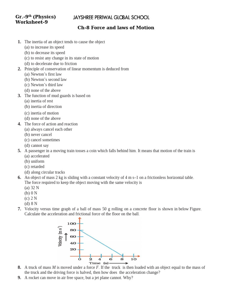 Work Sheet - 9 - (CH 9 - Force and Laws of Motion - 9 Cbse) | PDF | Teaching Methods & Materials
