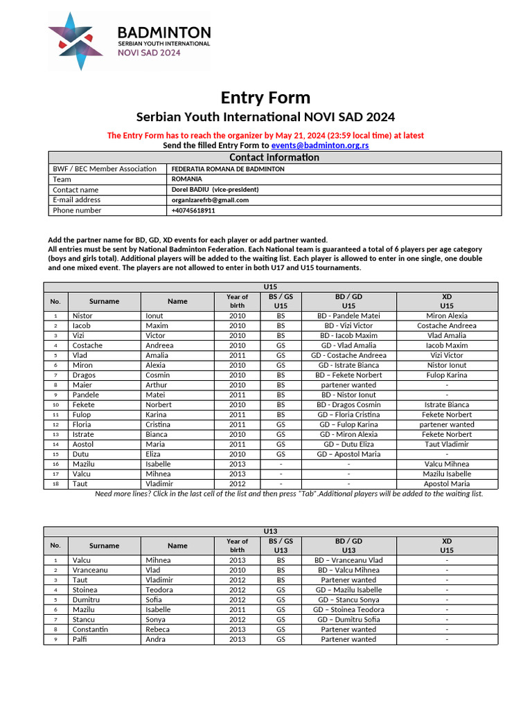 U13 Badminton Entry Form Novi Sad 2024 | PDF