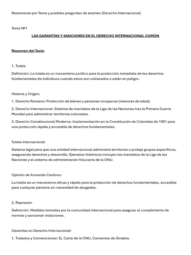 Resumen - Temas Derecho Internacional y Posibles Preguntas de Examen | PDF Resumen - Temas Derecho Internacional y Posibles Preguntas de Examen | PDF