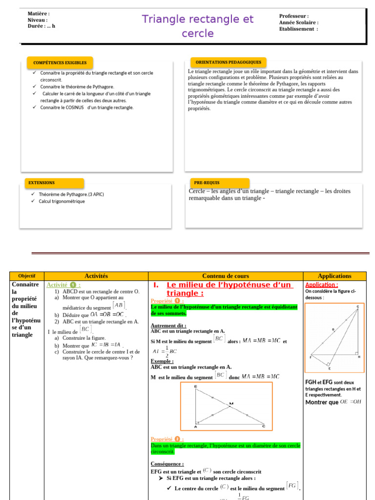 Fiche Triangle Rectangle Et Cercle | PDF