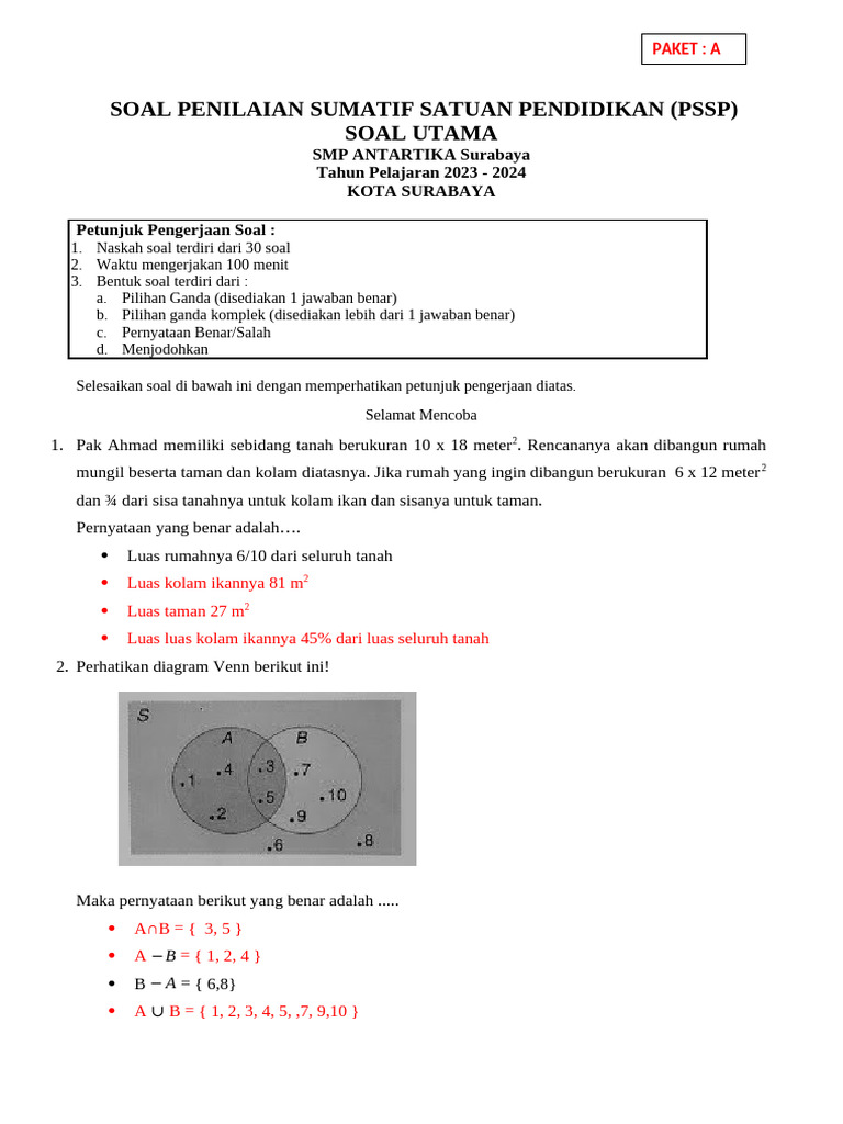 Soal Mapel Matematika (Paket .A) - SOAL UTAMA | PDF