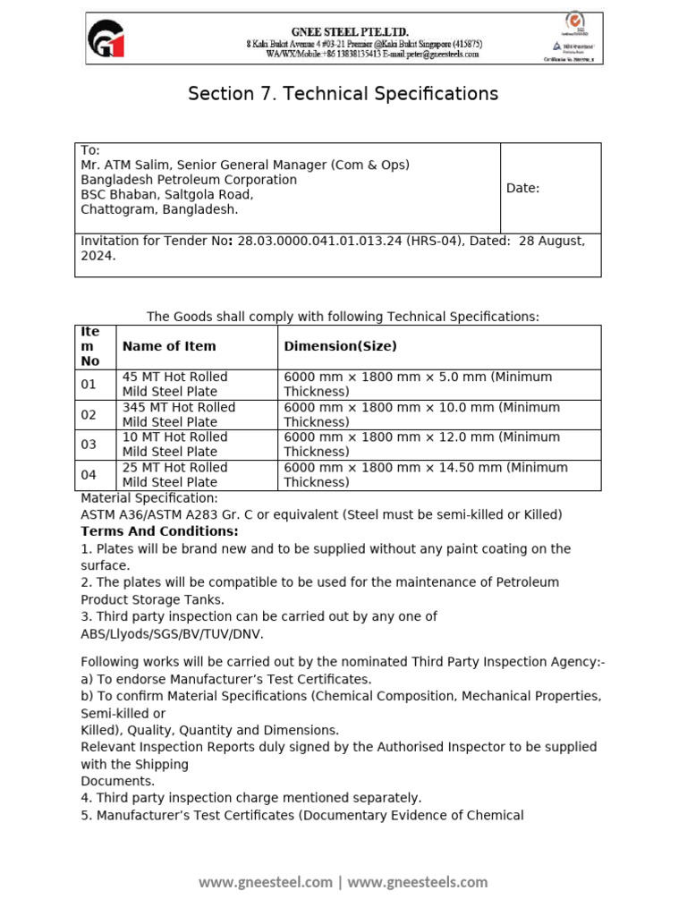 TECHNICAL SPECIFICATION SUBMISSION SHEET | PDF