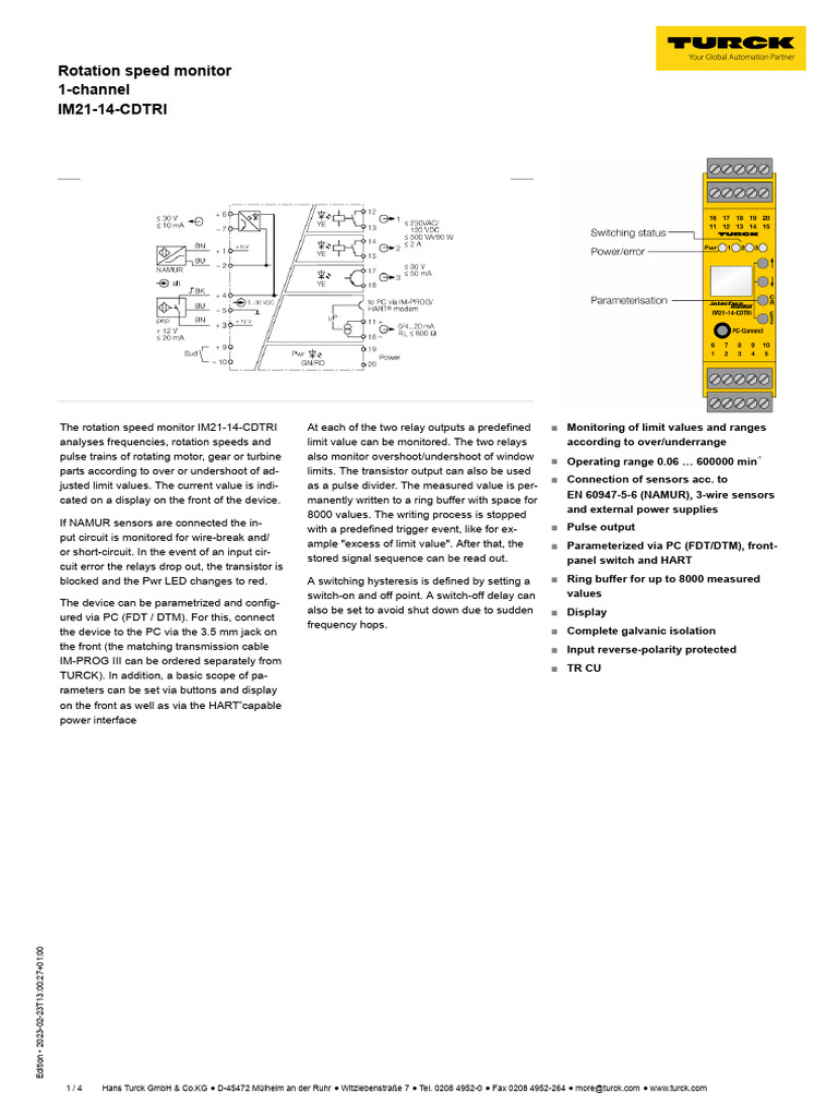 Rotation Speed Monitor 1-Channel IM21-14-CDTRI | PDF