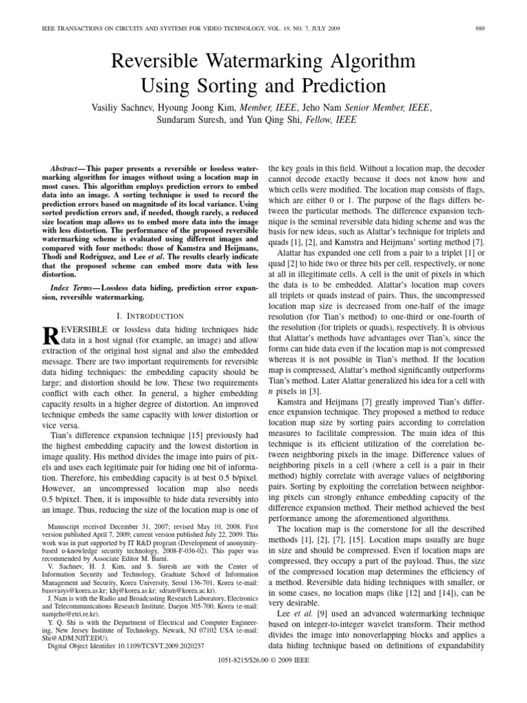 2009 Reversible Watermarking Algorithm Using Sorting And Prediction Pdf