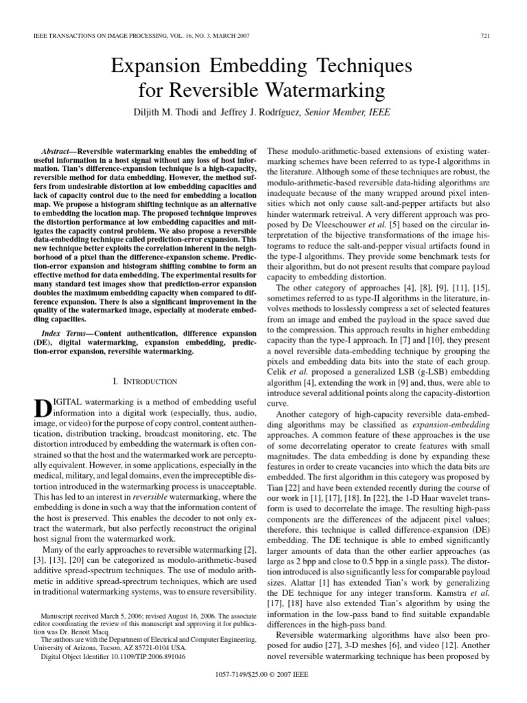 Expansion Embedding Techniques For Reversible Watermarking | PDF