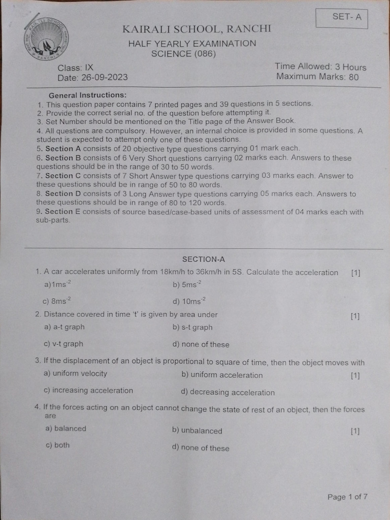 Class 9 Previous Year Question Papers - Science | PDF