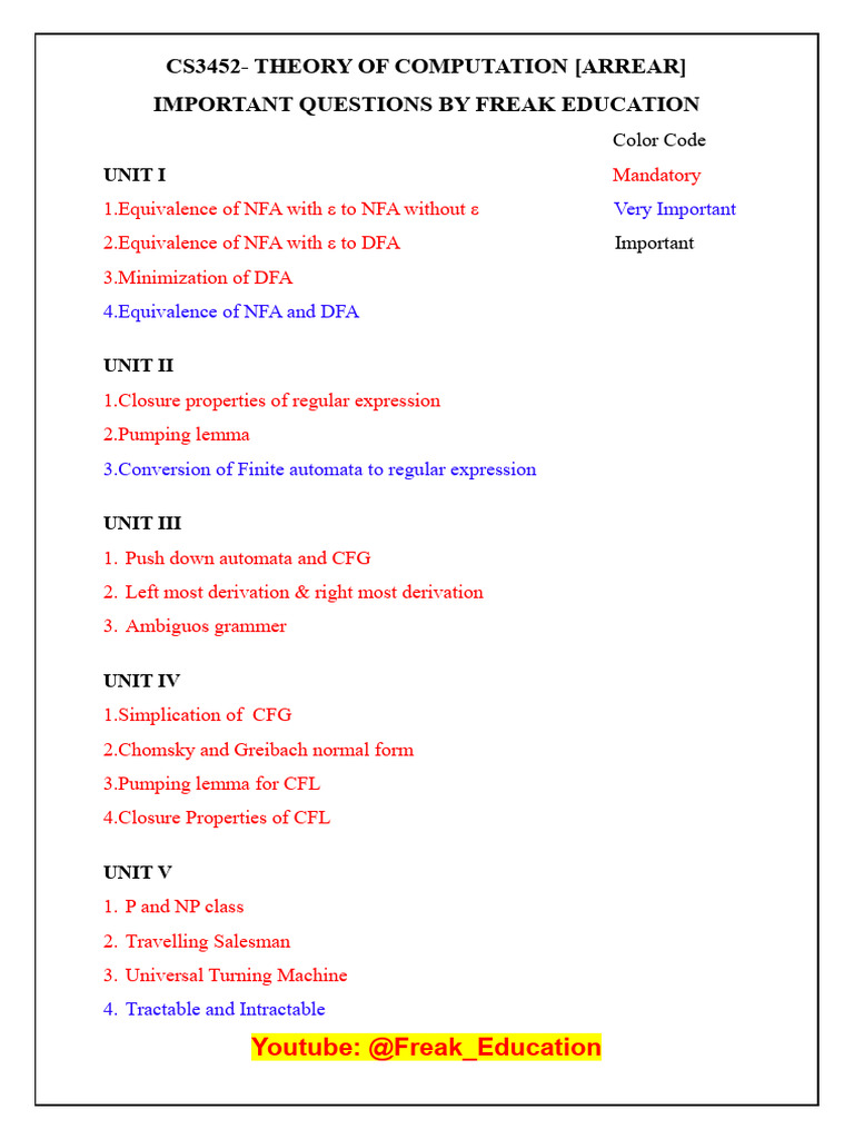 CS3452 Theory of Computation Important Questions | PDF