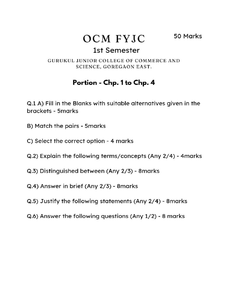 Gurukul OCM Fyjc Paper Pattern and Portion 2024-25 | PDF