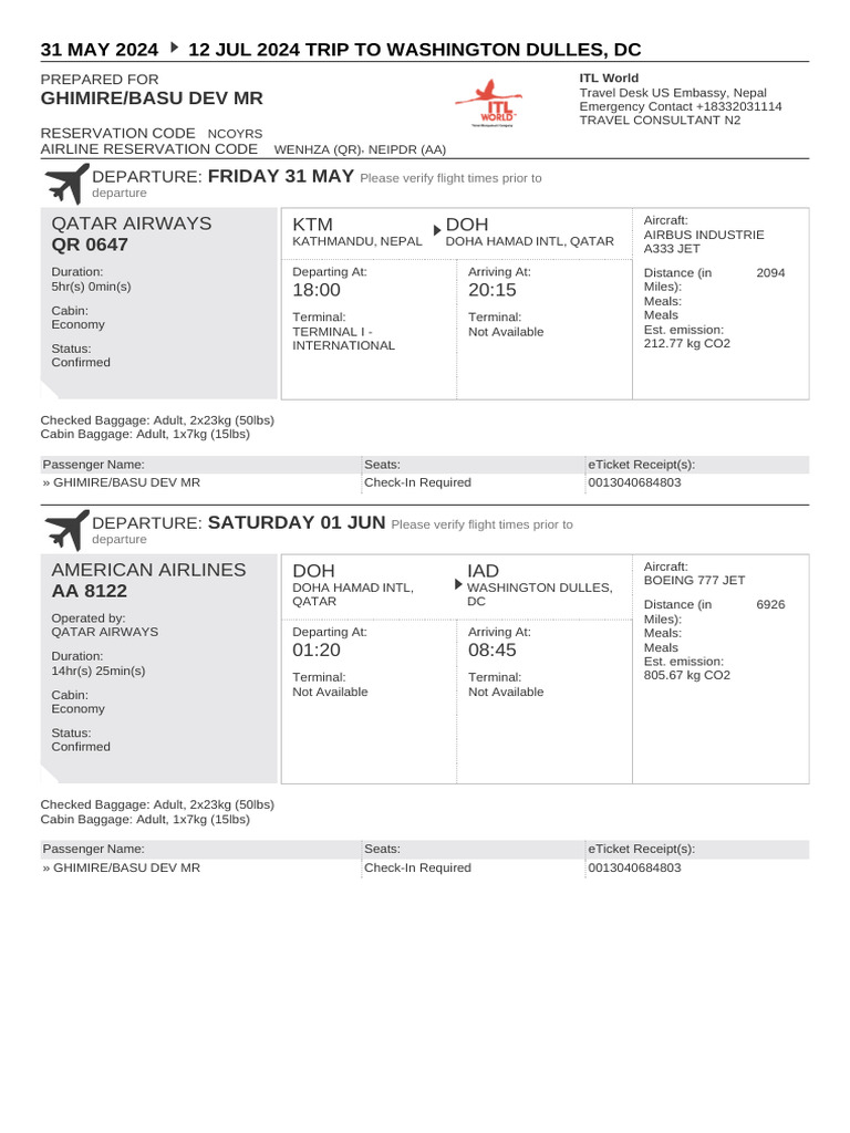 Travel Reservation May 31 For MR BASU DEV GHIMIRE | PDF | American ...