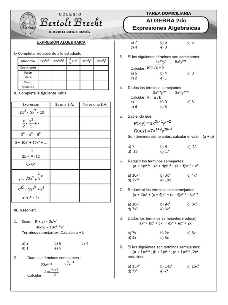 Ficha Algebra Tarea Domiciliaria Expresiones Algebraicas Sesion 7 Semana 6 | PDF | Álgebra ...
