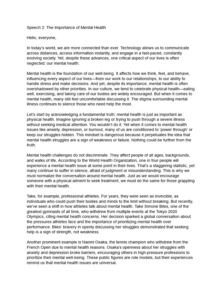 Speech 2- The Importance of Mental Health | PDF