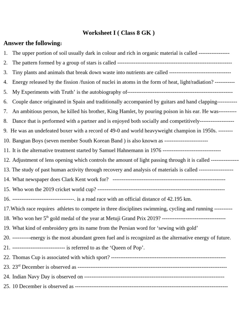 Class 8 GK Worksheet I | PDF