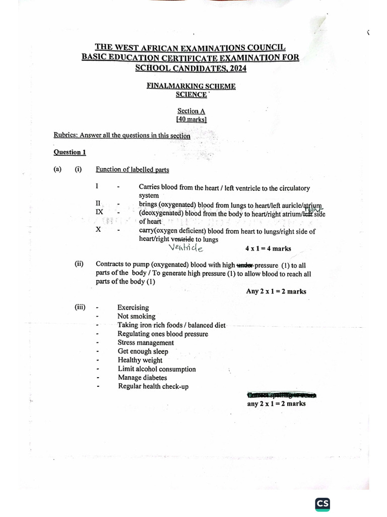 Science Bece 2024 Marking Scheme | PDF