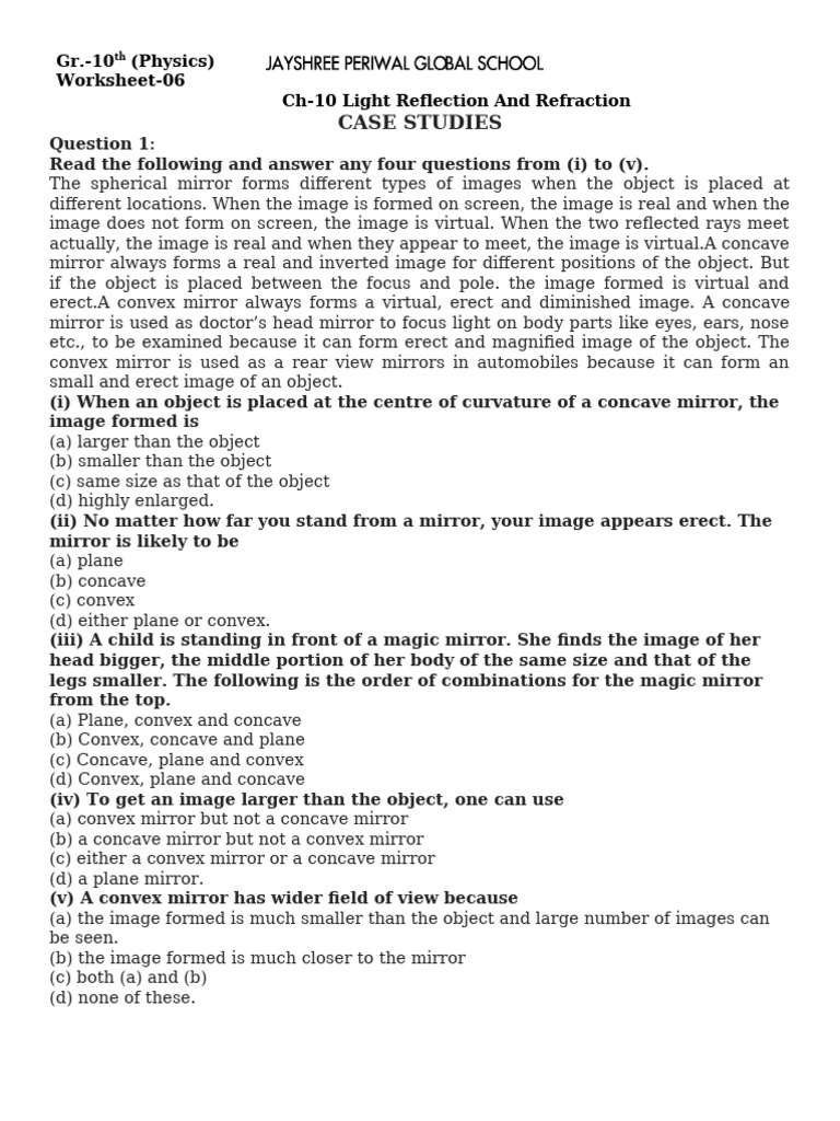 WORKSHEET - 6 ( CH 10 -LIGHT REFLECTION AND REFRACTION - 10TH CBSE ) - Copy - Copy (2) | PDF