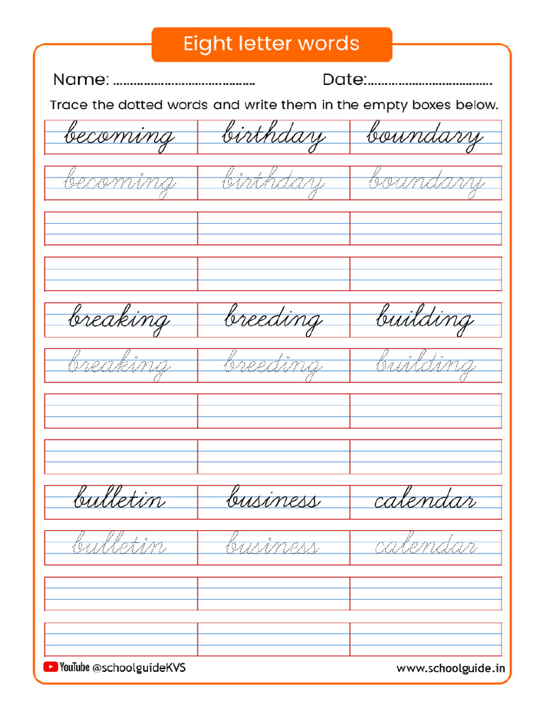Eight Letter Words Cursive Worksheet 6 | PDF