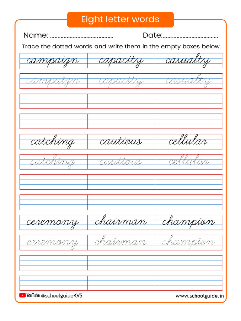 Eight Letter Words Cursive Worksheet 7 | PDF