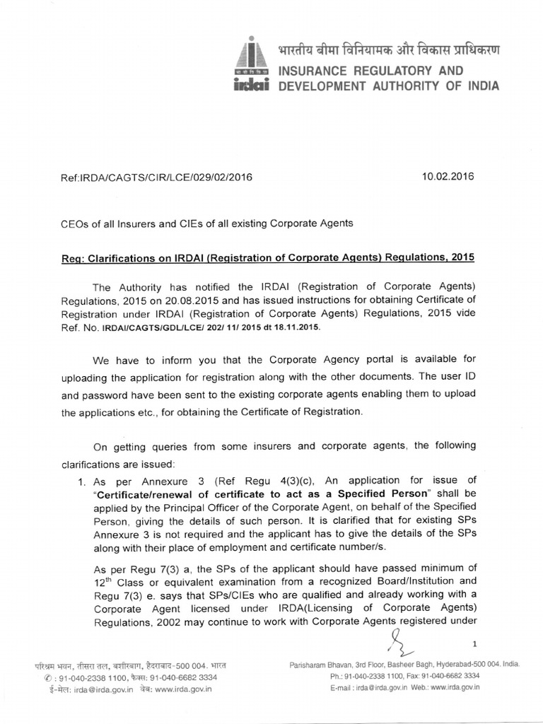 Clarifications on IRDAI Corporate Agents Regulations | PDF | Finance ...