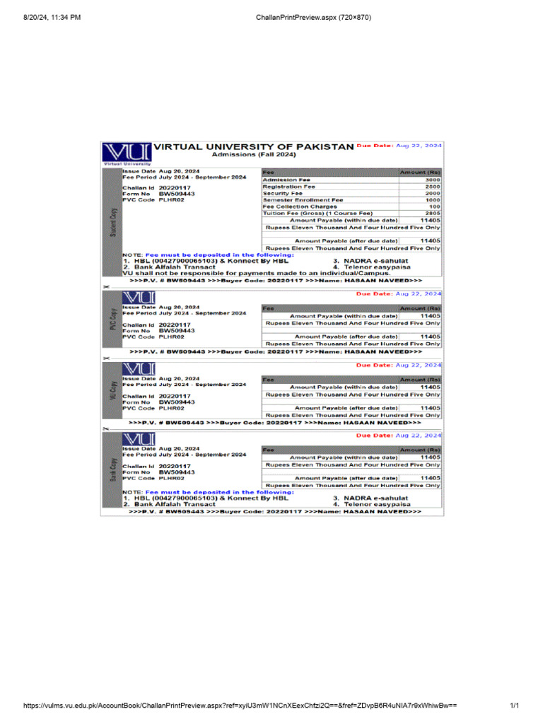 Challan form of uni fee | PDF