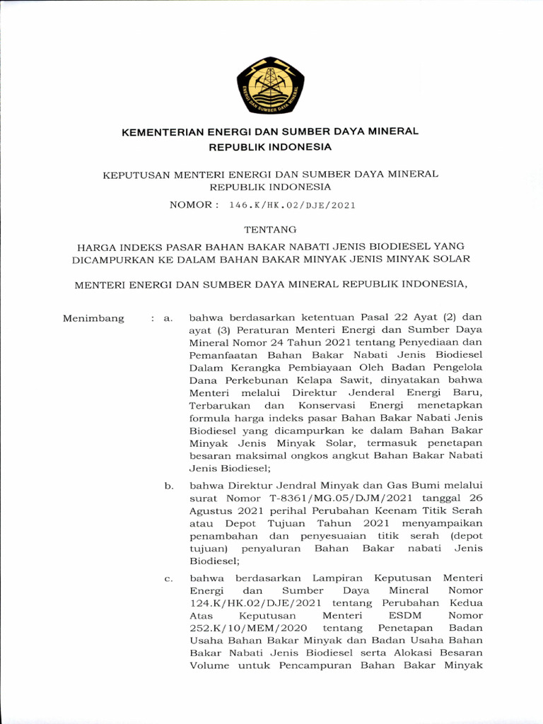 Kepdirjen 146K 2021 HIP BBN Biodiesel | PDF