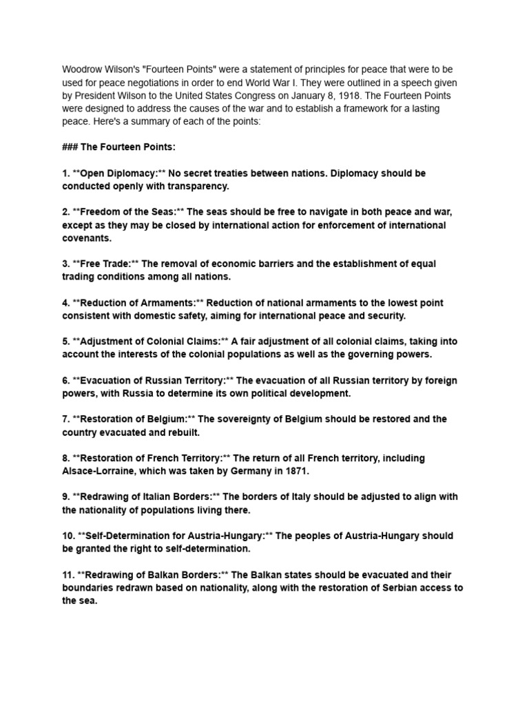 Woodrow Wilson's 14 Points | PDF | Self Determination | Diplomacy
