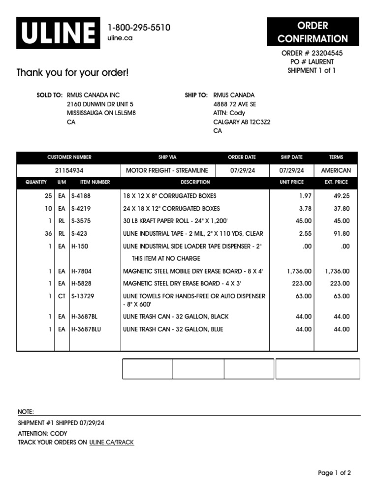 Uline Order Confirmation 21154934 23204545 82550771 1 | PDF