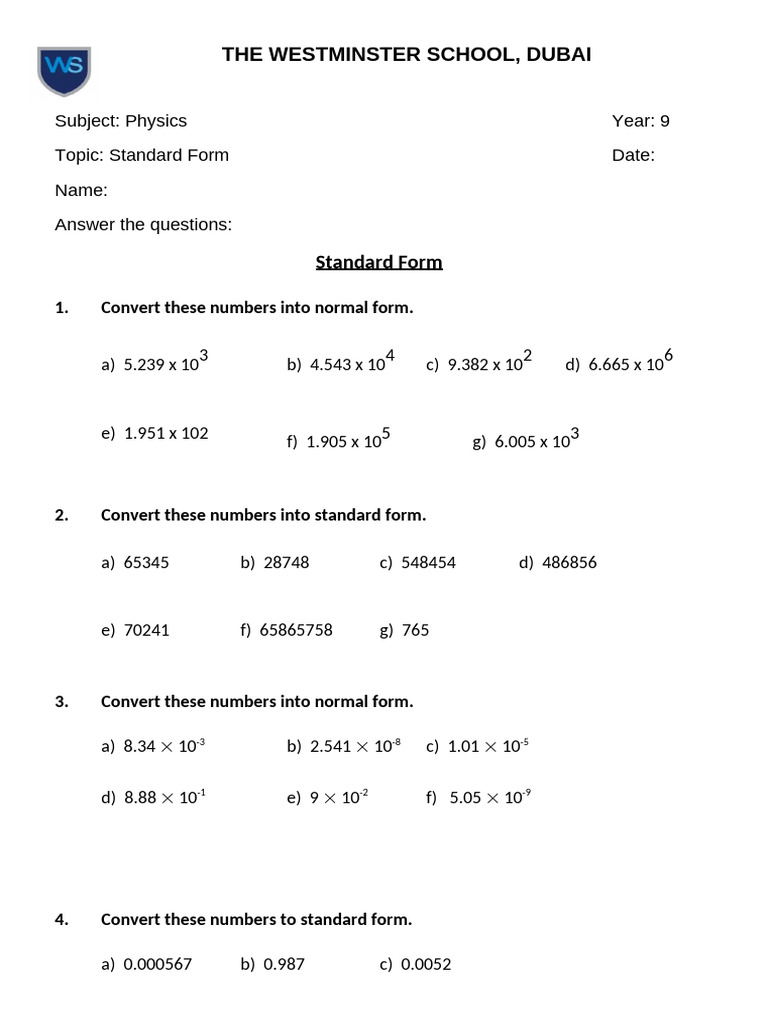 Year 9 _Physics_Standard-Form worksheet | PDF