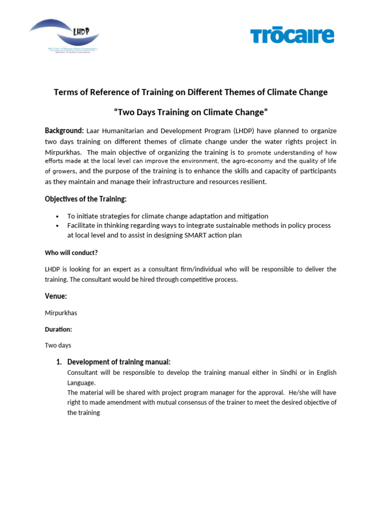 ToRs of Two Days Training On Climate Change | PDF