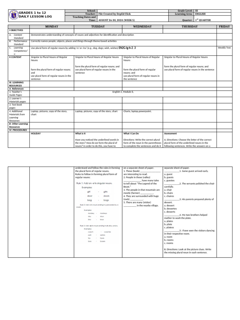 DLL - English 3 - Q1 - W5 | PDF