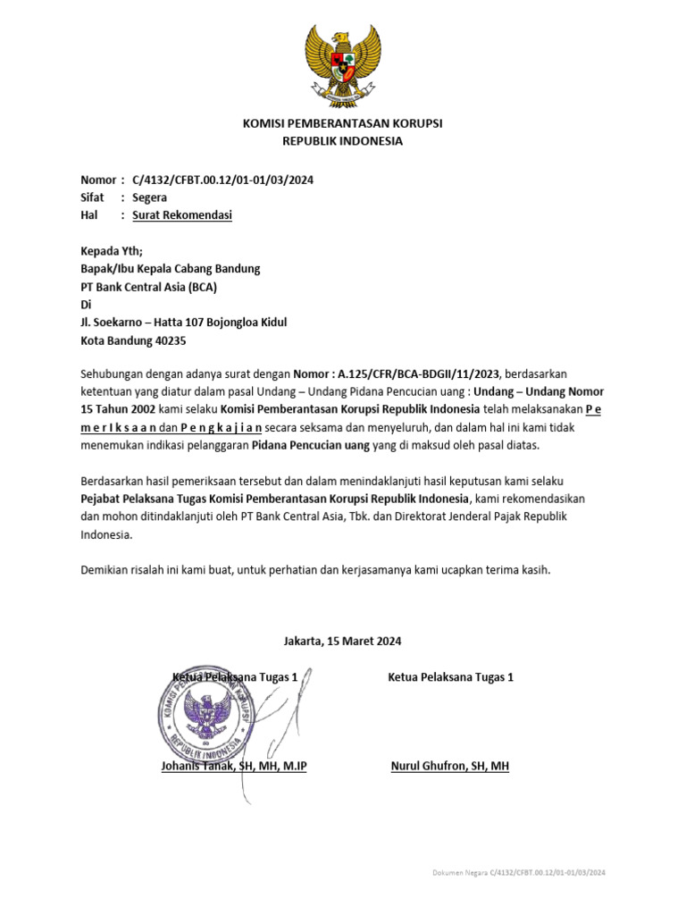 Surat Rekomendasi KPK | PDF