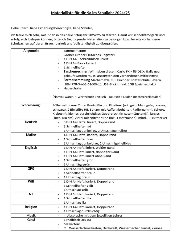 Materialliste Für Die 9a | PDF