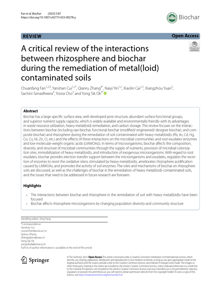 A Critical Review of The Interactions Between Rhizosphere and Biochar During The Remediation of ...