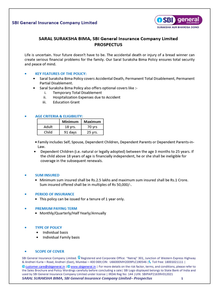 SARAL SURAKSHA BIMA, SBI General Insurance Company Limited Prospectus | PDF