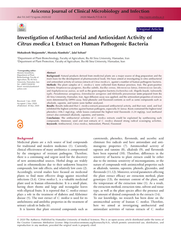 (E) Investigation of Antibacterial and Antioxidant Activity of Citrus Medica L Extract On Human ...