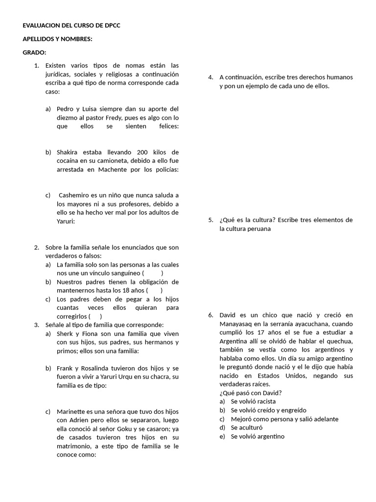 Evaluacion Del Curso de DPCC de Segundo | PDF